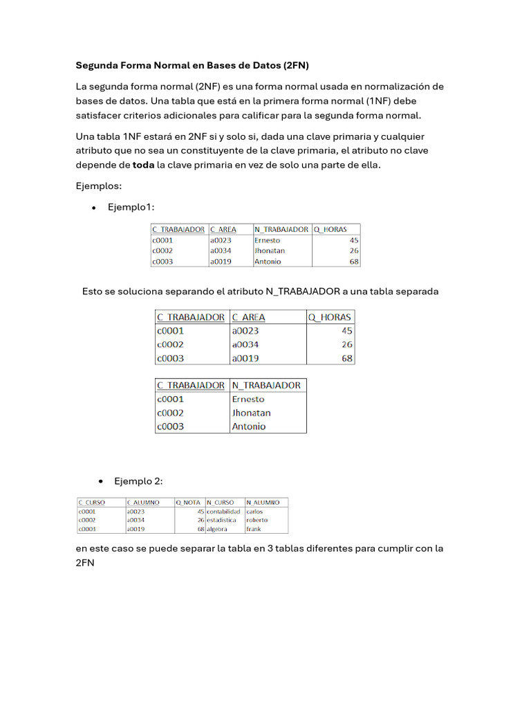 Segunda Forma Normal en Bases de Datos | PDF