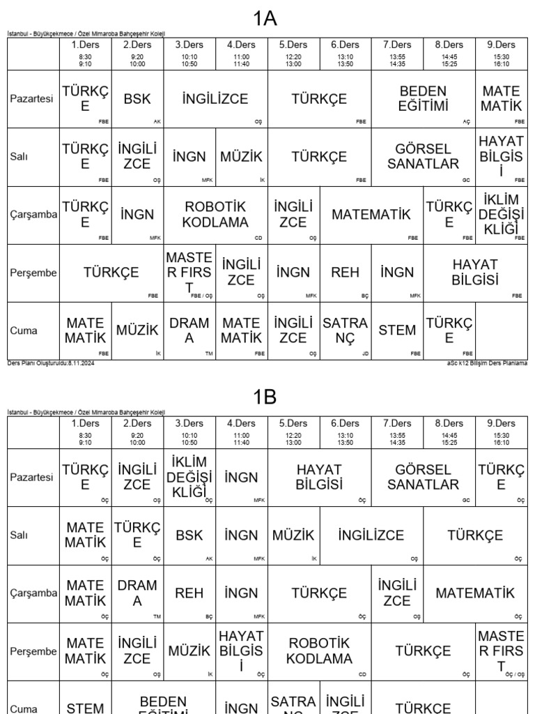 24-25 İlkokul Sinif Ders Programi 18.11.2024 | PDF