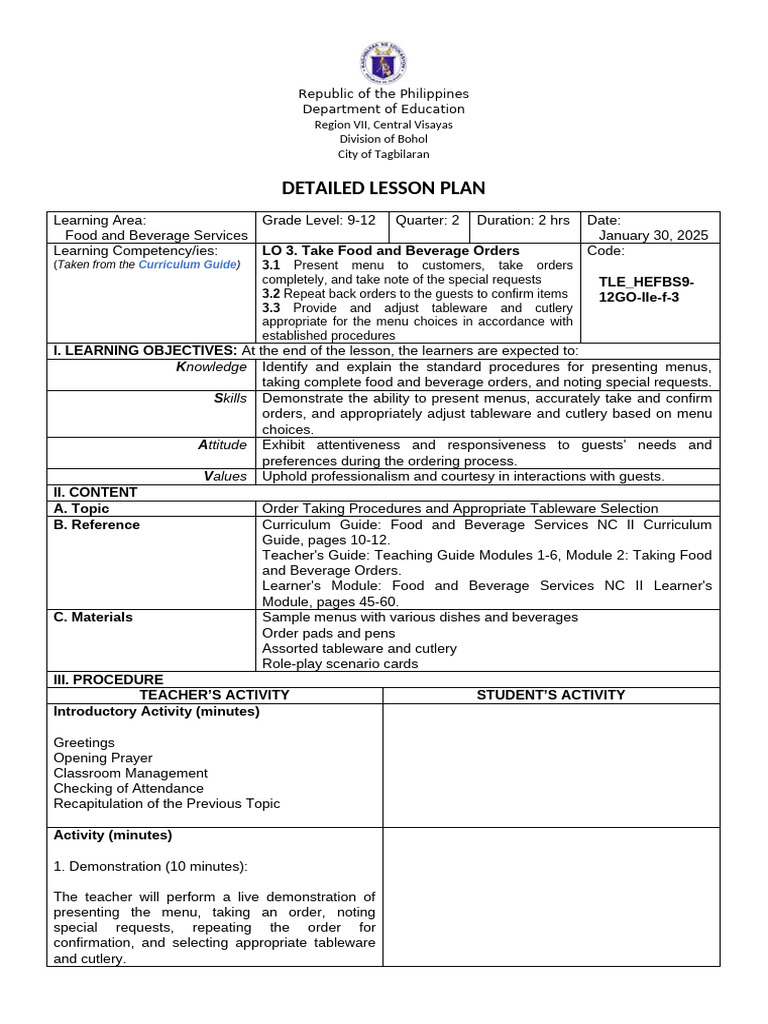 FBS Detailed Lesson Plan | PDF | Menu | Learning