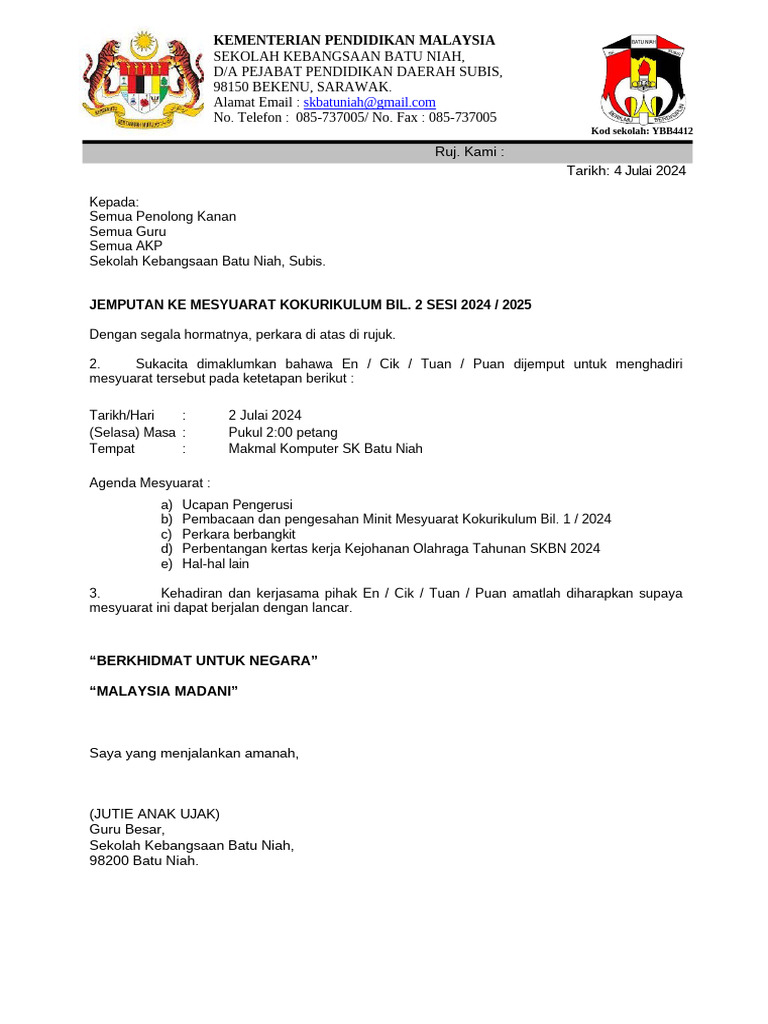Surat Jemputan Mesyuarat KK 2024-2025 | PDF