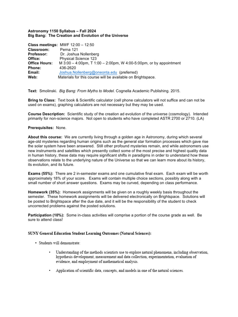 Astronomy 1150 Syllabus - Fall 2024 | PDF | Universe | Science