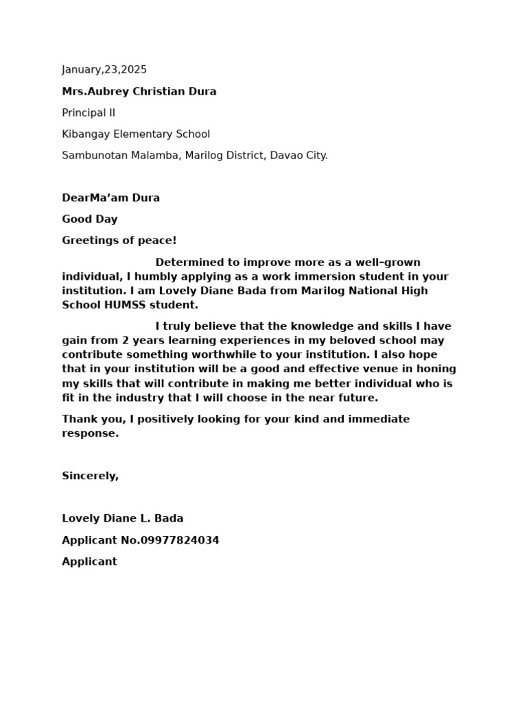 Work Immersion Application Letter | PDF