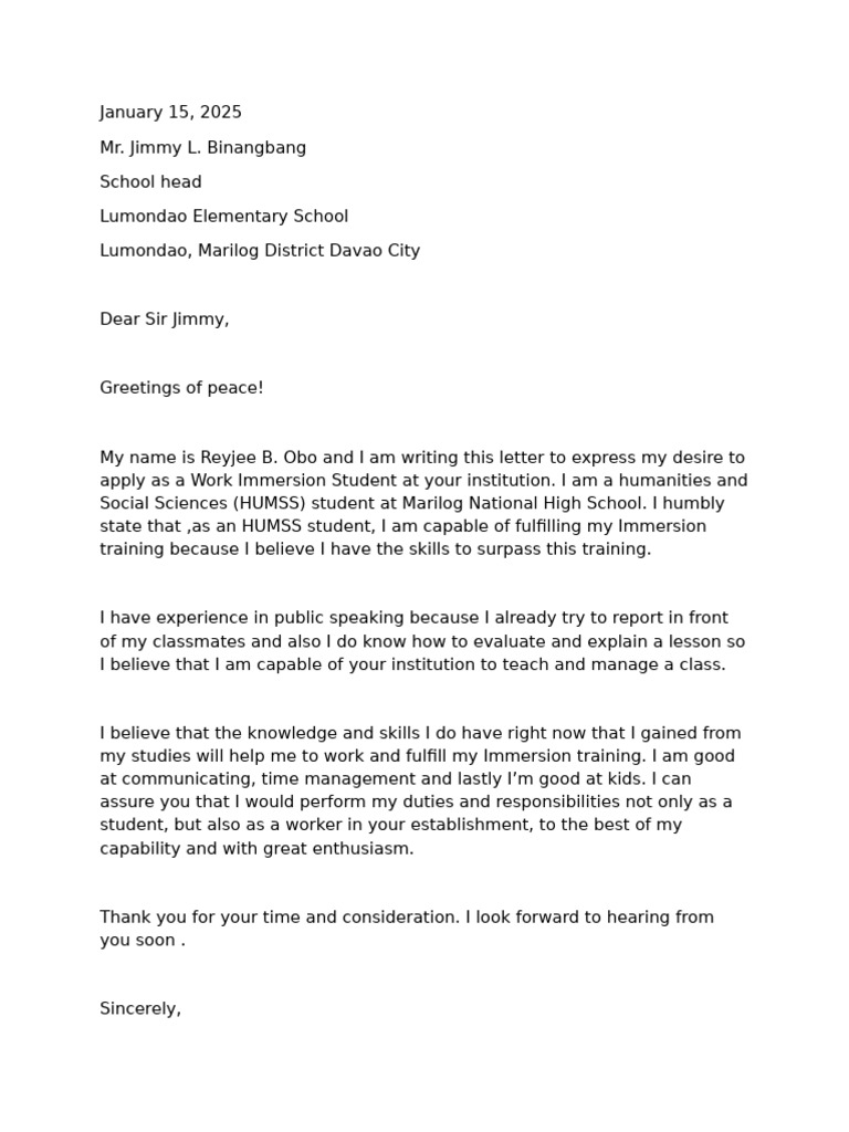 Application Letter (Reyjee Obo) | PDF