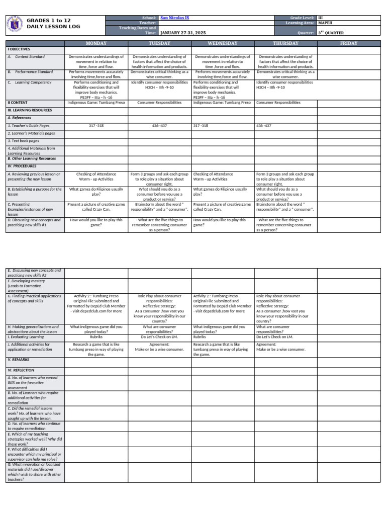 DLL_MAPEH 3_Q3_W8 | PDF | Learning | Teachers