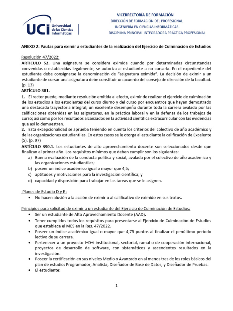 Pautas para Eximir Ejercicio de Culminación | PDF | Ciencias de la ...