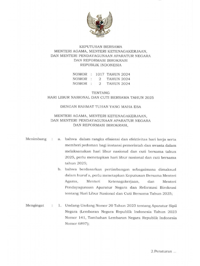 SKB 3 Menteri Libur Nasional Dan Cuti Bersama Tahun 2025 | PDF