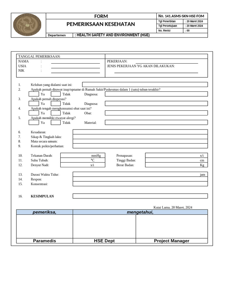 107.asms-Hse-Fom-Pemeriksaan Kesehatan Karyawan | PDF