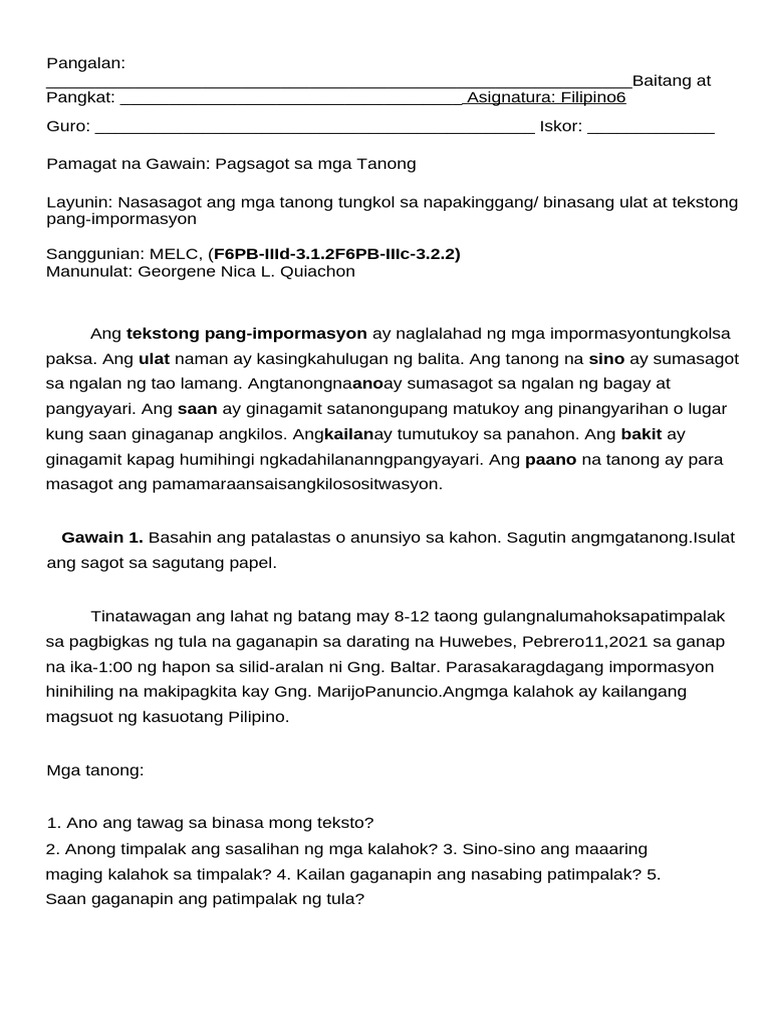 Filipino 6 - LAS Q3 | PDF