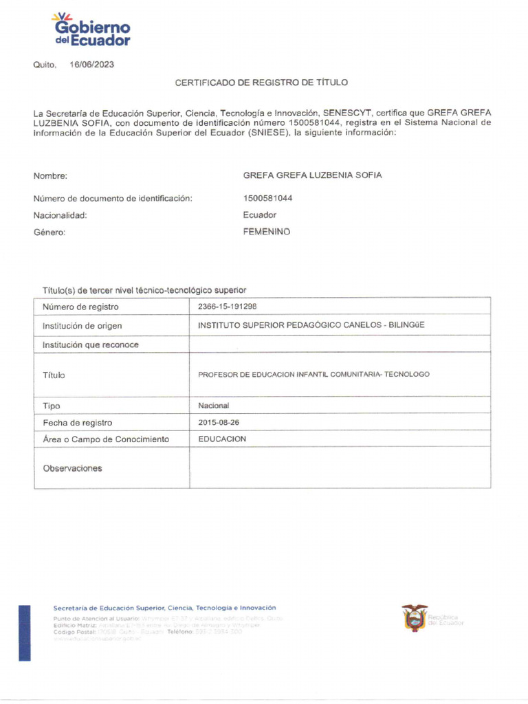 Certificado de La Senecyt Luz | PDF