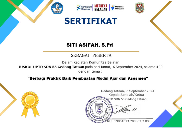 Sertifikat Peserta bulan September 2024 Kegiatan Kombel JUSKOL UPTD SDN 55 sifa | PDF