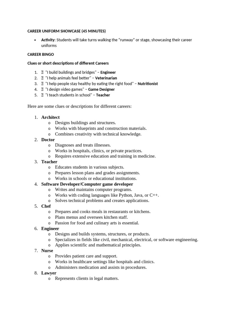 Career Uniforms & Bingo Activity | PDF