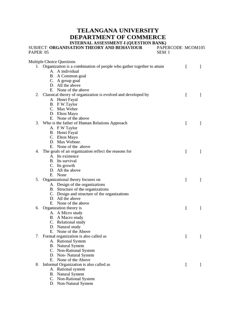 Organization Theory MCQ Question Bank | PDF | Organizational Structure ...