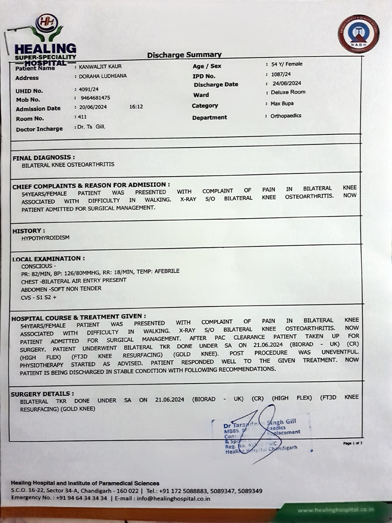 Discharge Summary - Kanwaljit Kaur | PDF | Patient | Medicine