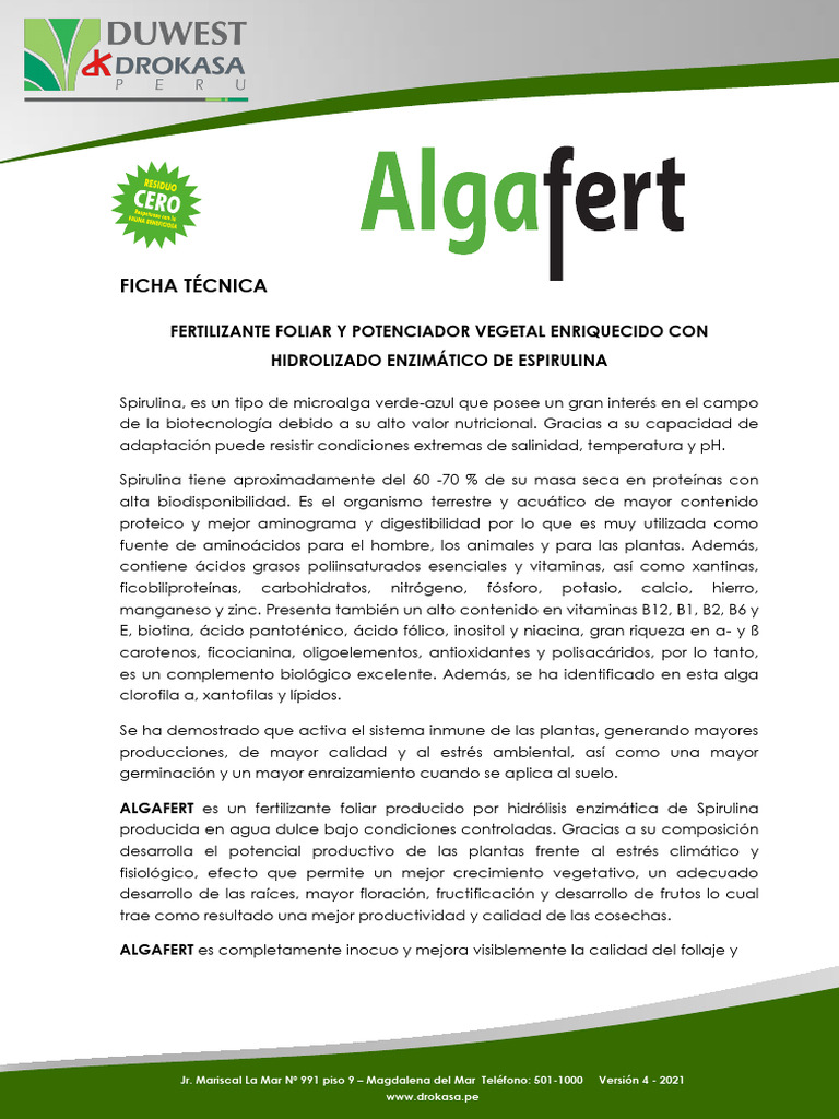 Ficha Técnica de Algafert: Dosis y Usos | PDF | Fertilizante | Plantas
