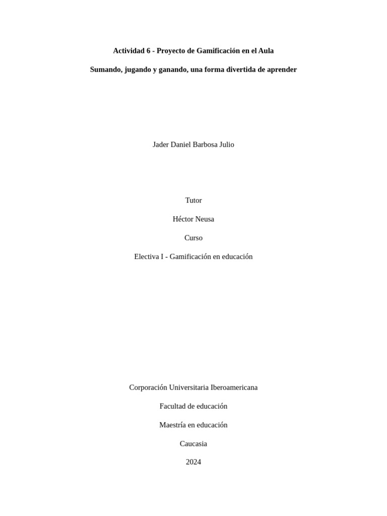 Actividad 6 Proyecto Gamificacion Jader Barbosa | PDF | Matemáticas | Aprendizaje