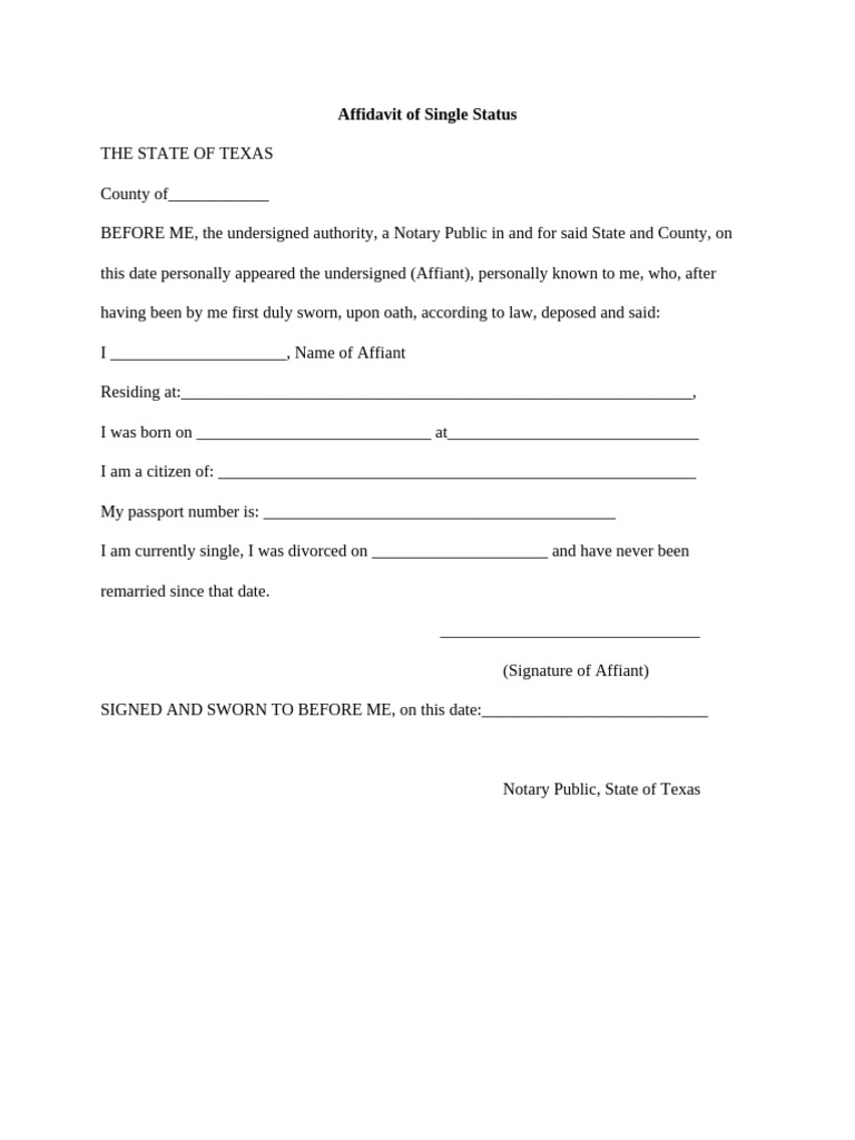 Texas Affidavit of Single Status | PDF