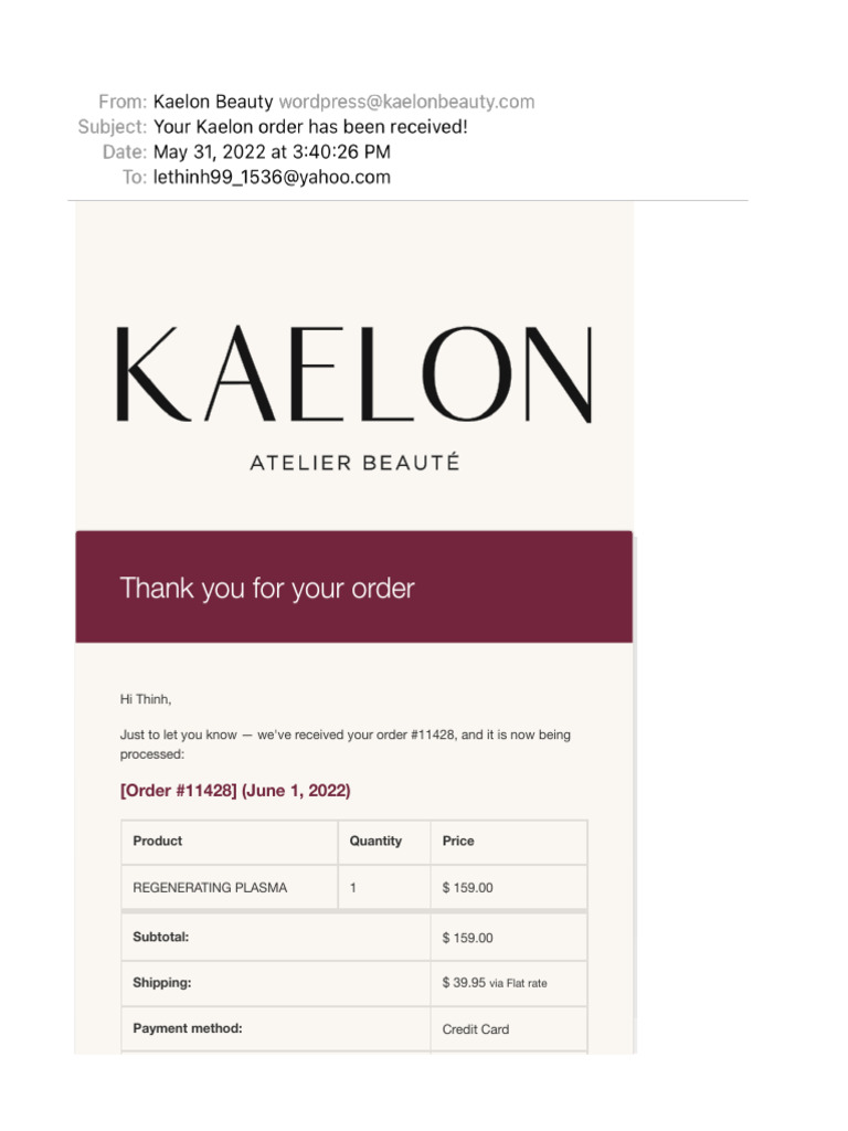 Your Kaelon Order Has Been Received! | PDF
