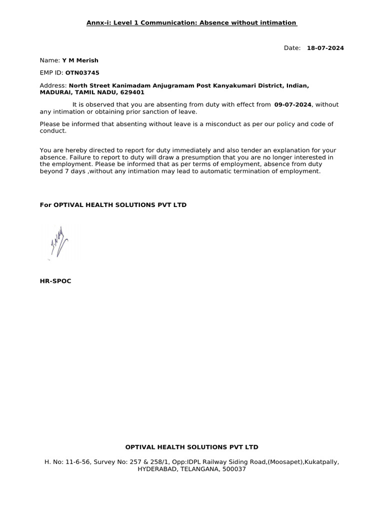 Absence Without Intimation | PDF