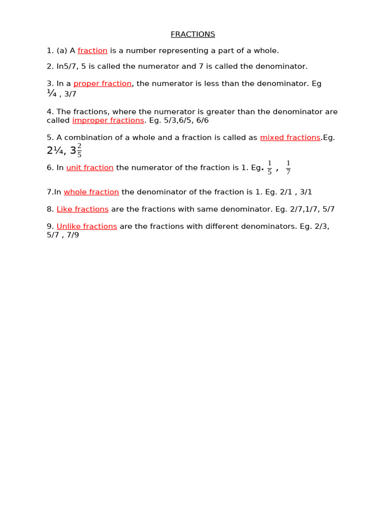 Class 6 Fractions Definitions | PDF
