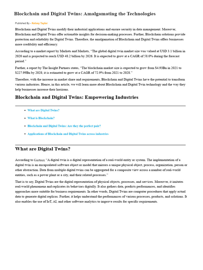 Blockchain and Digital Twins - Amalgamating The Technologies | PDF | Internet Of Things | Computing