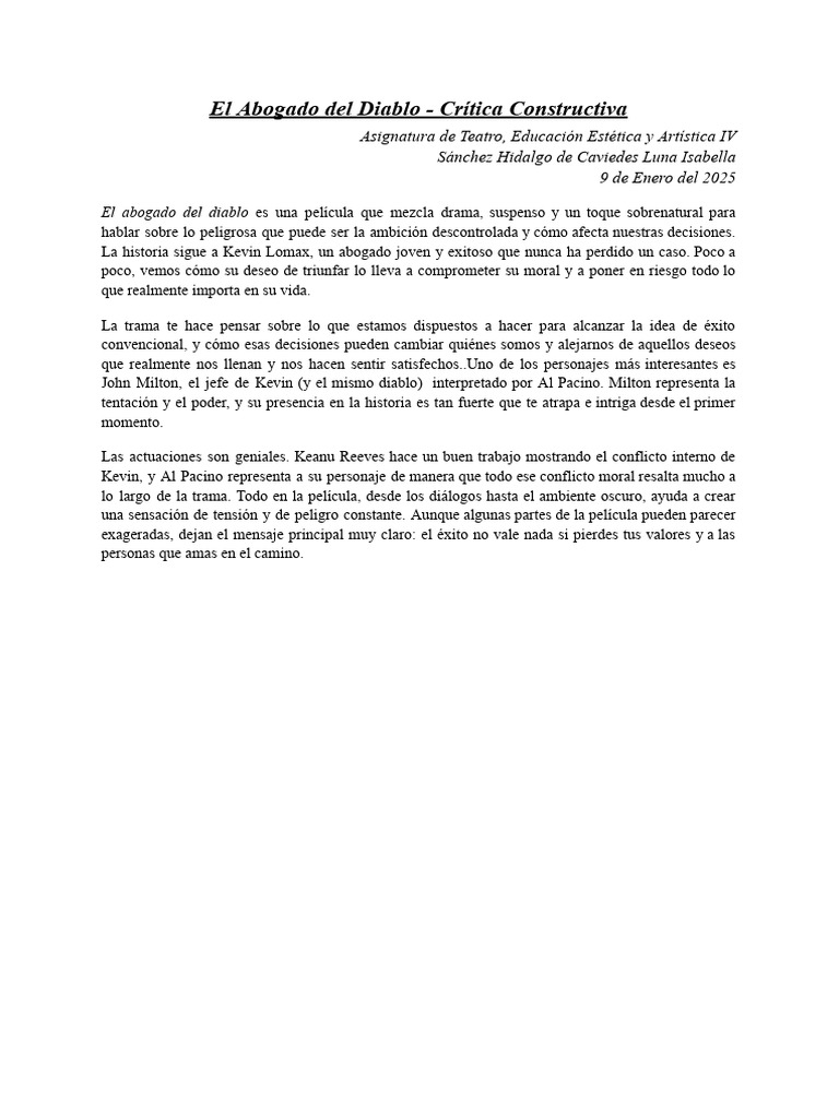El Abogado Del Diablo - Crítica Constructiva | PDF