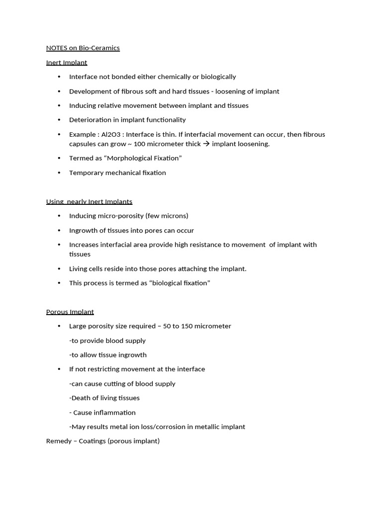 Notes On Bio-Ceramics | PDF | Implant (Medicine) | Tissue (Biology)