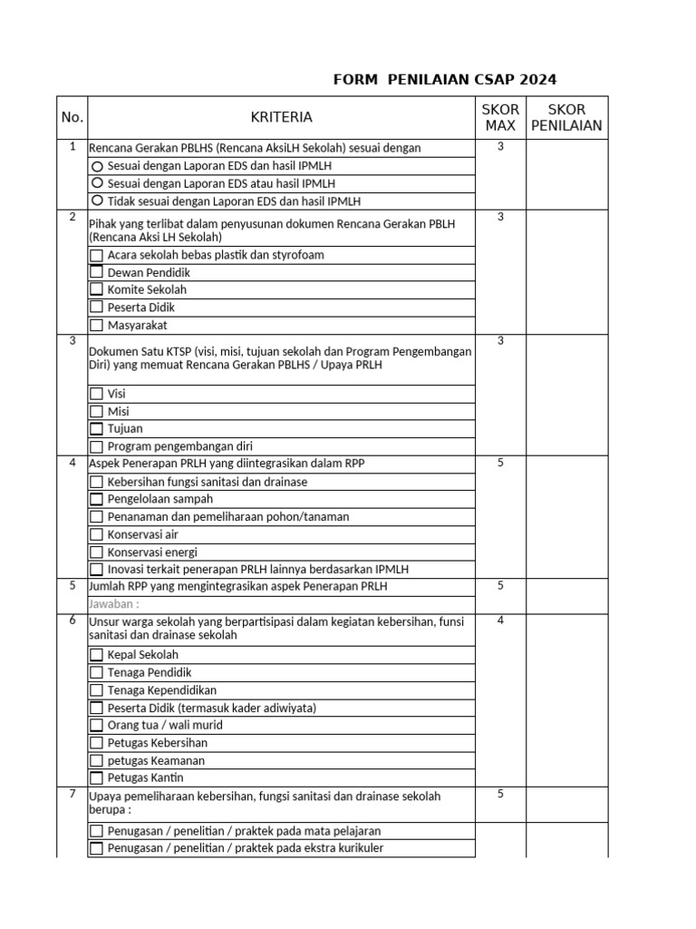 FORM PENILAIAN CSAP 2024 | PDF