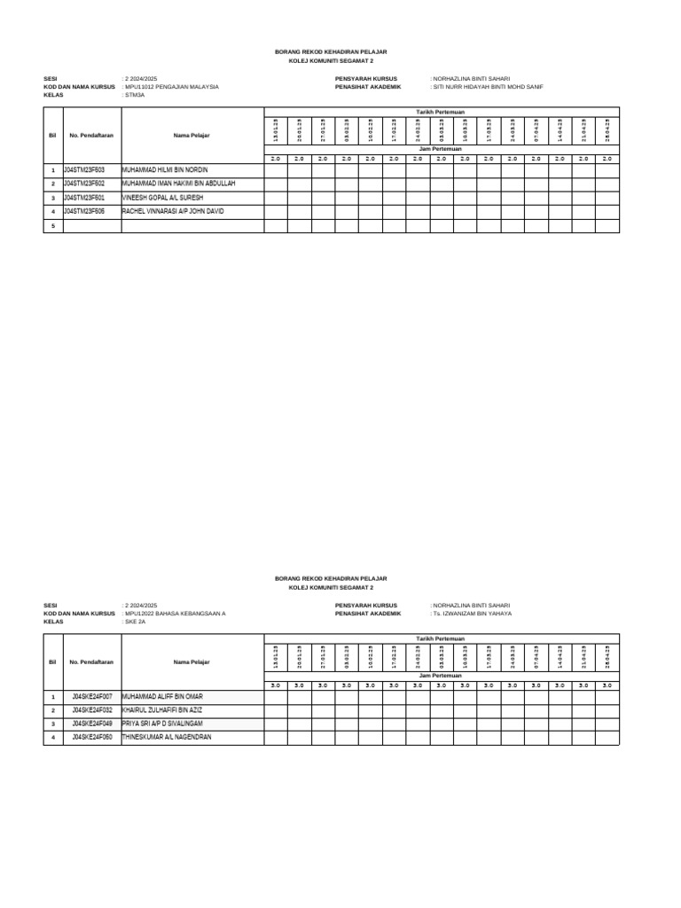 Rekod Kehadiran Pelajar 2024/2025 | PDF