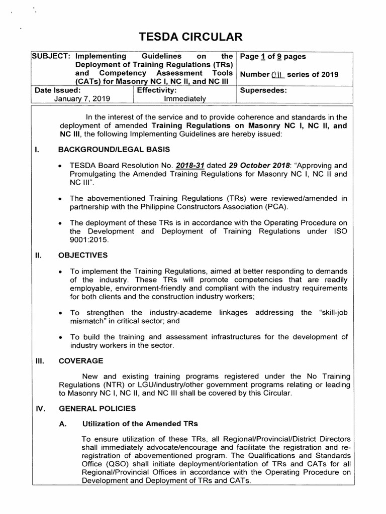 TESDA Guidelines for Masonry Training Regulations | PDF