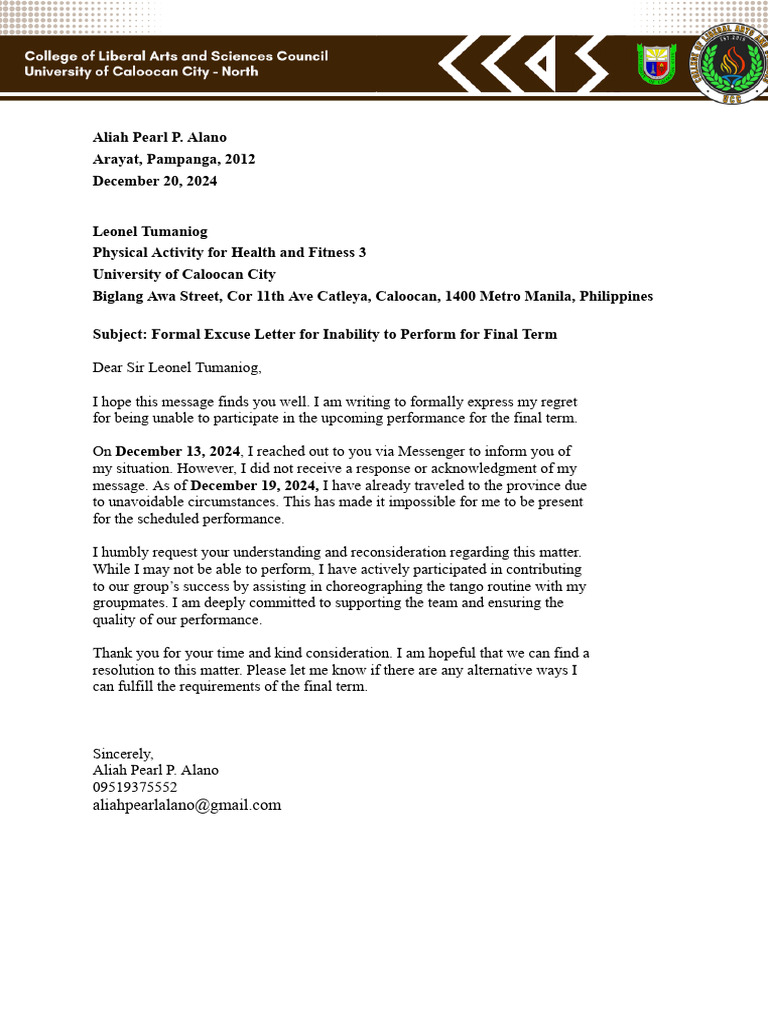 Pathfit Excuse Letter | PDF