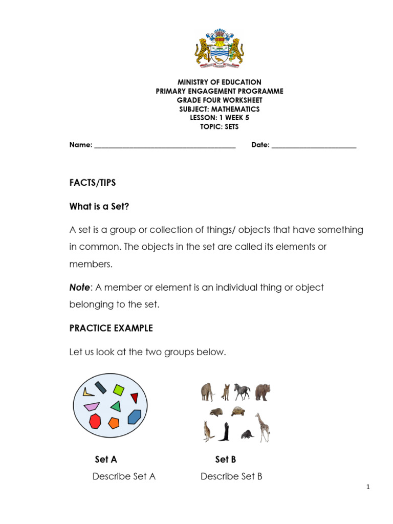 Grade 4 Math Worksheet on Sets | PDF | Subtraction | Mathematics