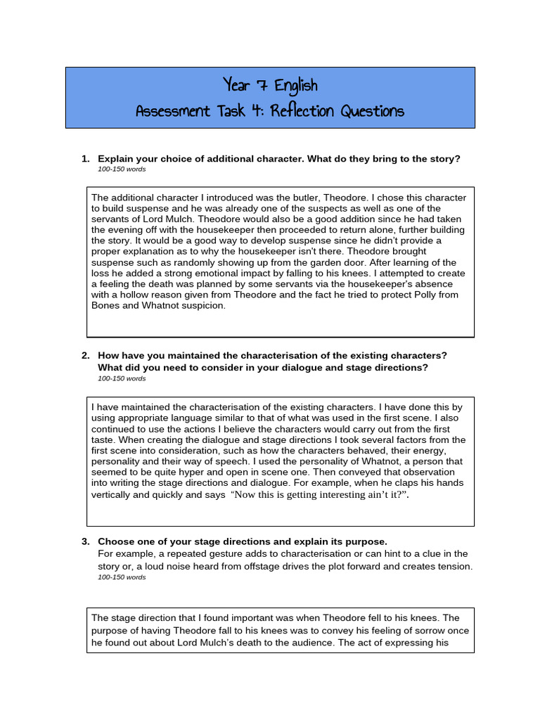 (Assessment Task 4) Reflection Questions | PDF