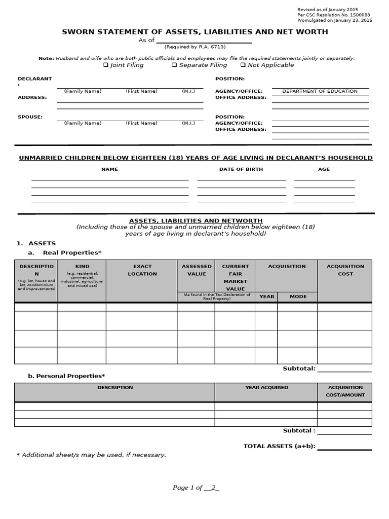 2015-saln-form-ms-word-format | PDF | Net Worth