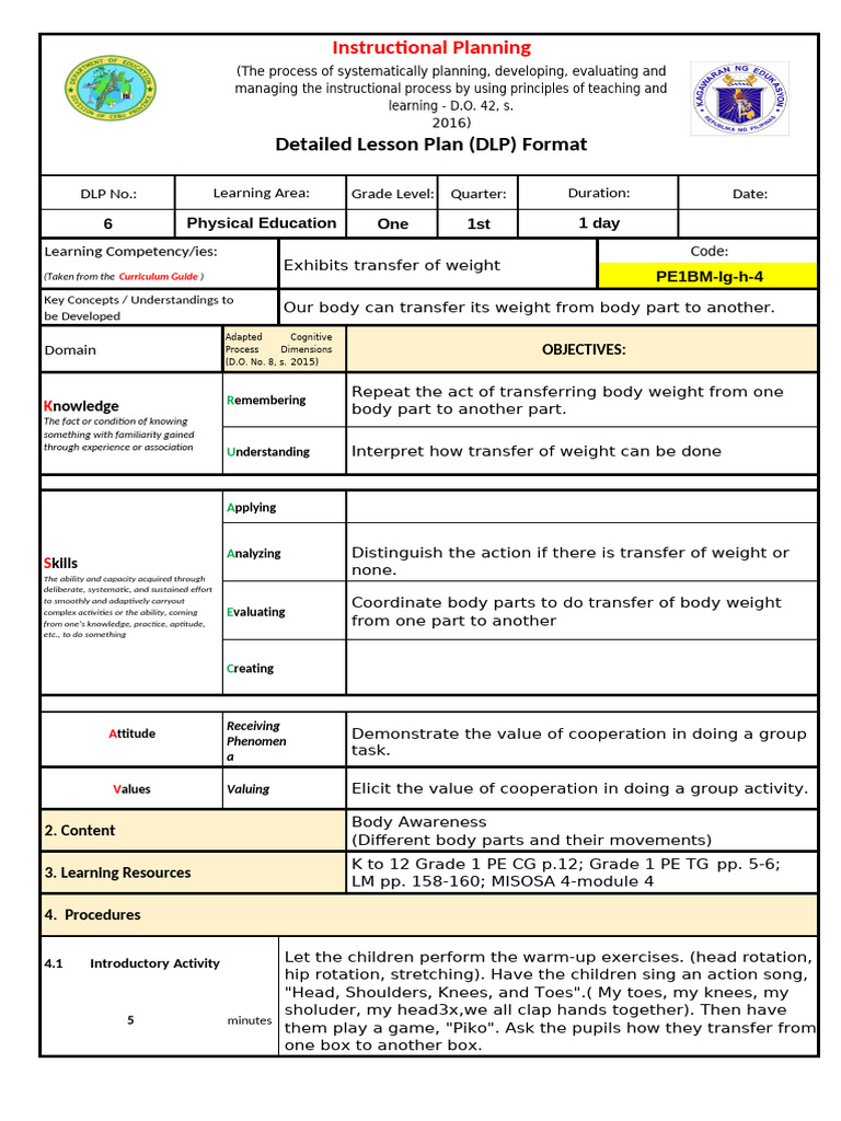Detailed Lesson Plan for PE Weight Transfer | PDF | Learning | Knowledge