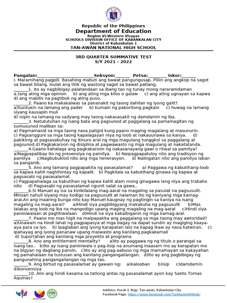 3rd Quarter Filipino 10 | PDF