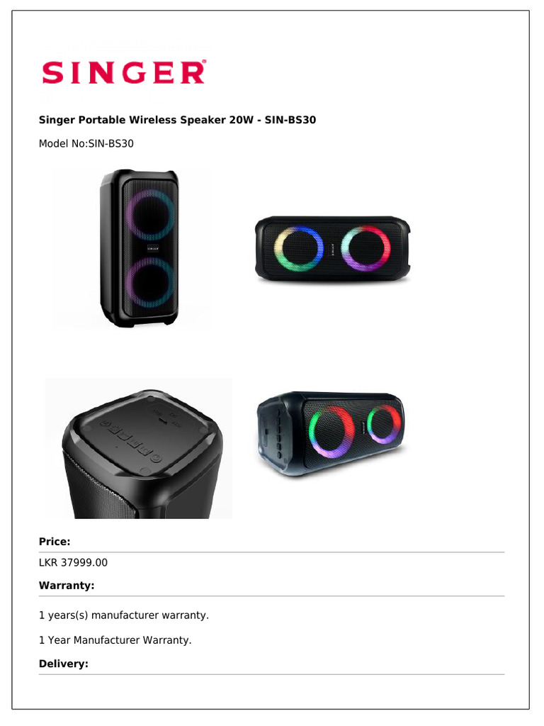Singer 20W Bluetooth Speaker Black | PDF
