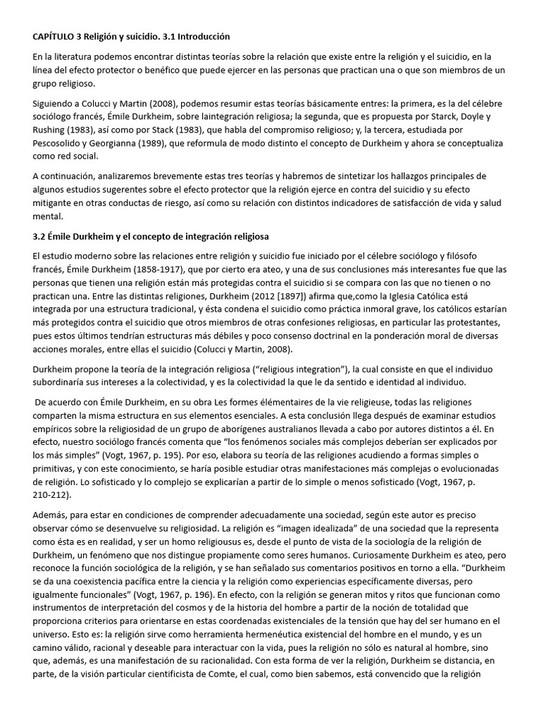 Cap-Tulo 3 - Religion y Prevencion Del Suicidio | PDF | Emile Durkheim | Suicidio