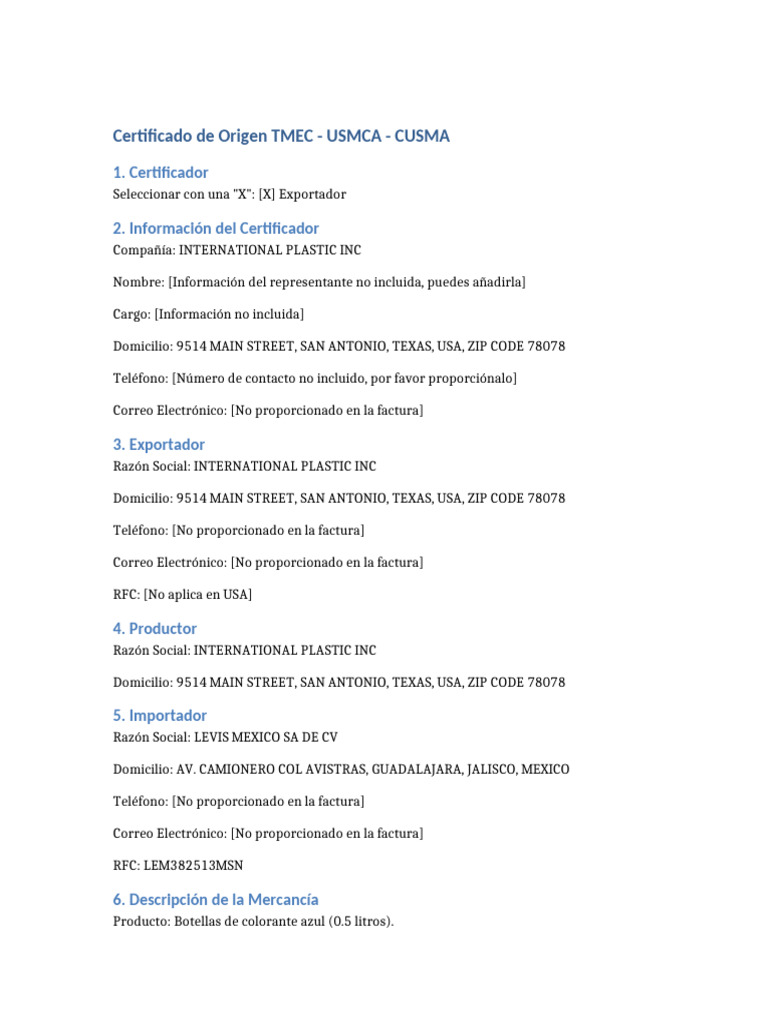 Certificado Origen TMEC | PDF