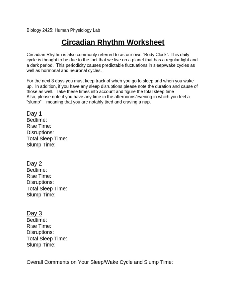 Circadian Rhythm Sleep Tracking Worksheet | PDF