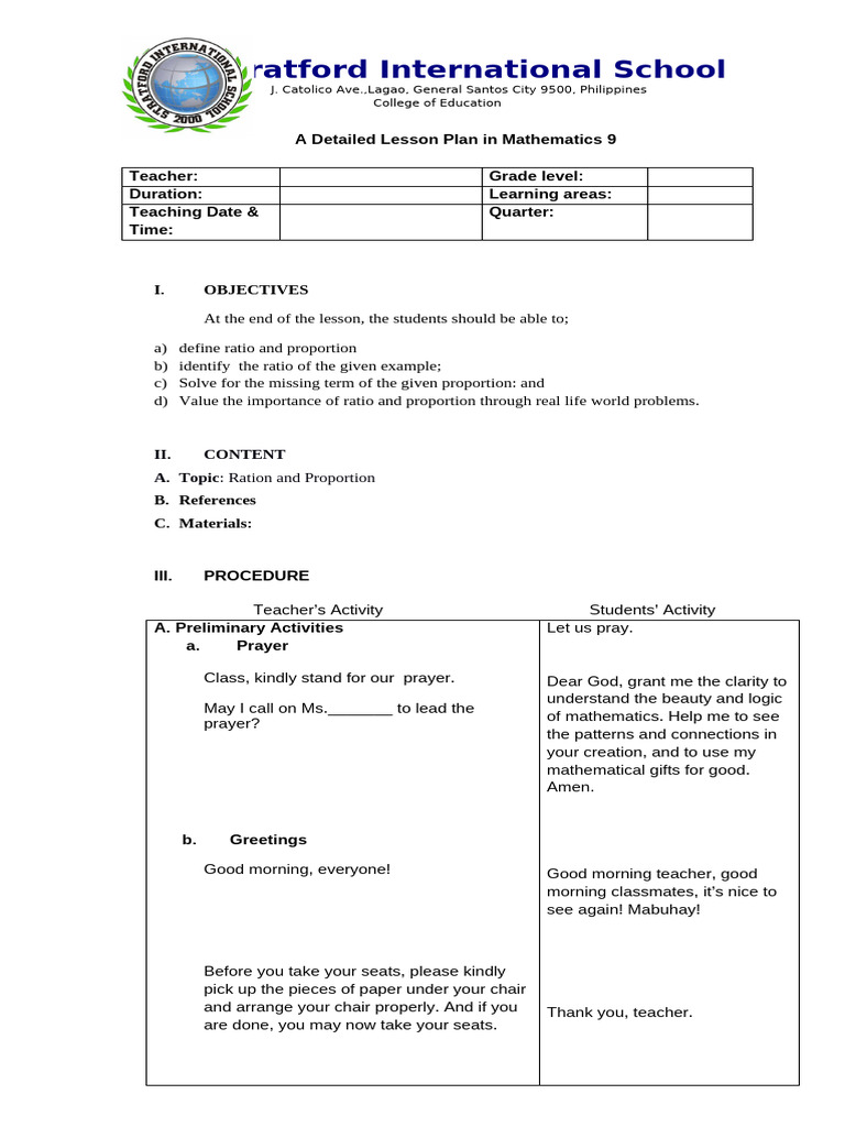Ratio and Proportion Lesson Plan | PDF | Ratio | Quantity