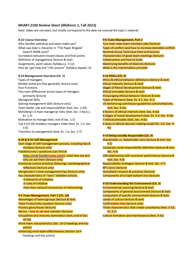 Review Sheet Midterm 1 Exam Fall 2024 | PDF | Corporate Social Responsibility | Business