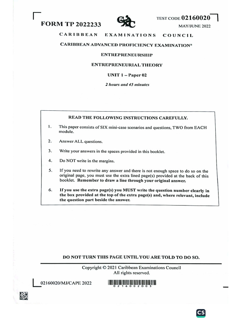 Éntrep Paper 2 Unit 1 - May 2022 | PDF