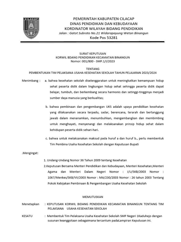 1 SK PENGURUS UKS KORWIL BINANGUN 2023 | PDF