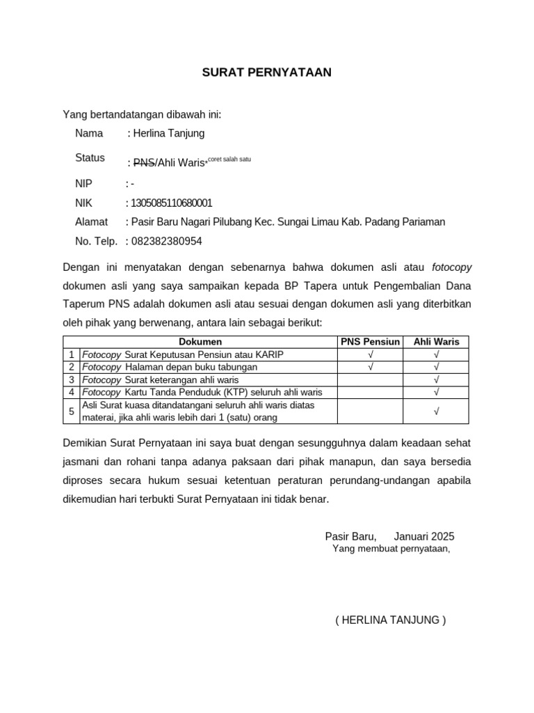 Surat pernyataan tapera | PDF