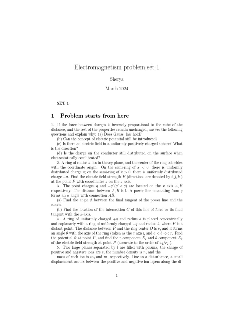 Electromagnetism Problem Set 1 | PDF | Sphere | Electric Field