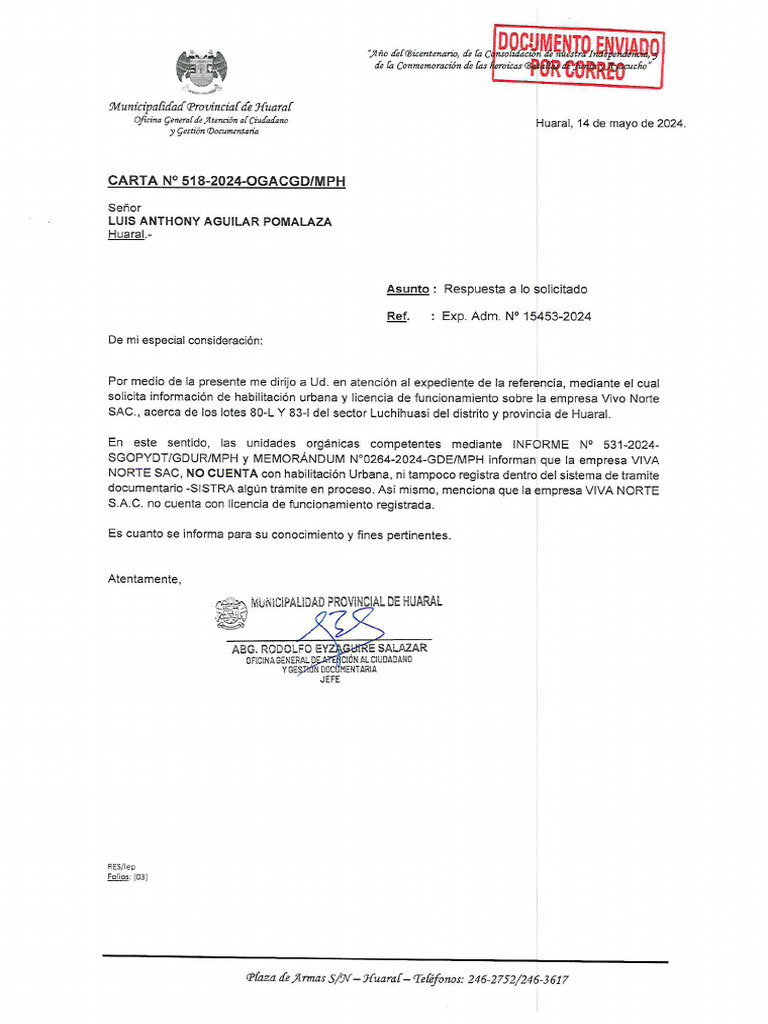 Carta N°518-2024-Ogacygd-Mph | PDF