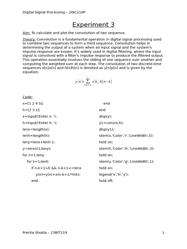 Convolution of Sequences in DSP Experiment | PDF