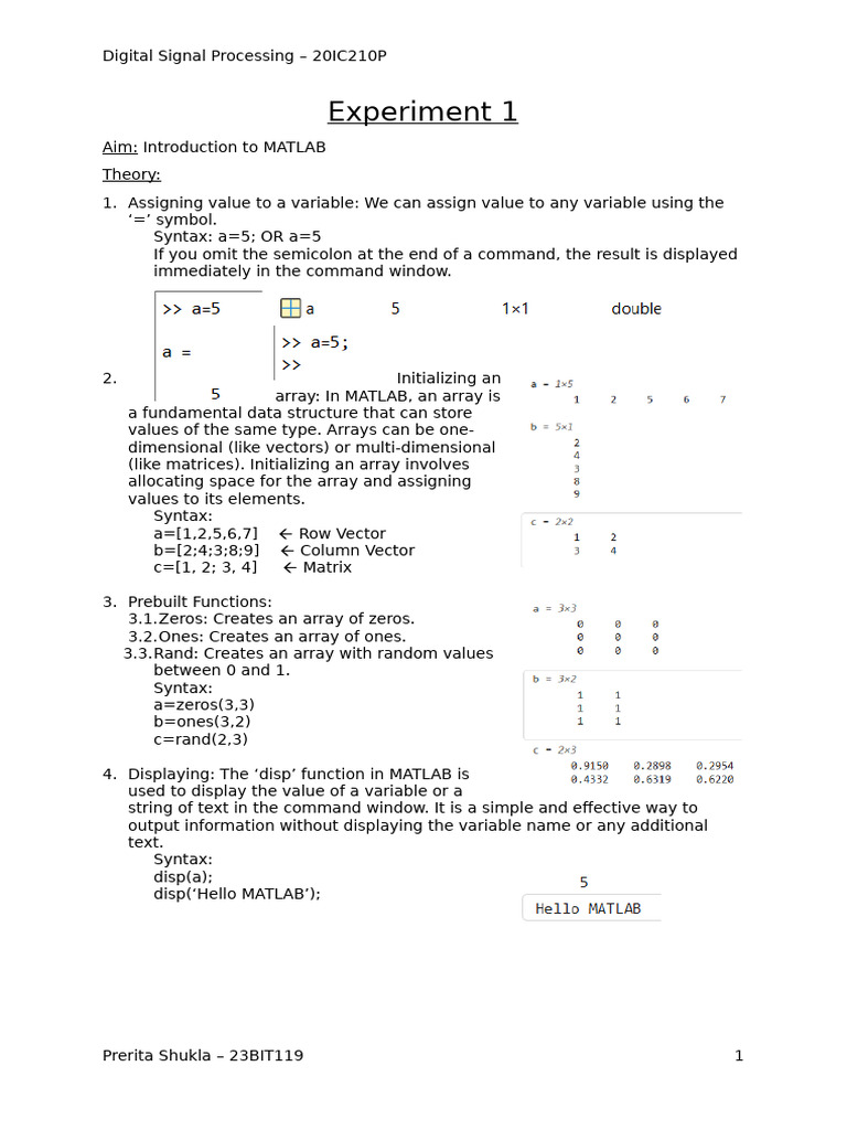 Experiment 1 1 | PDF | Matlab | Matrix (Mathematics)