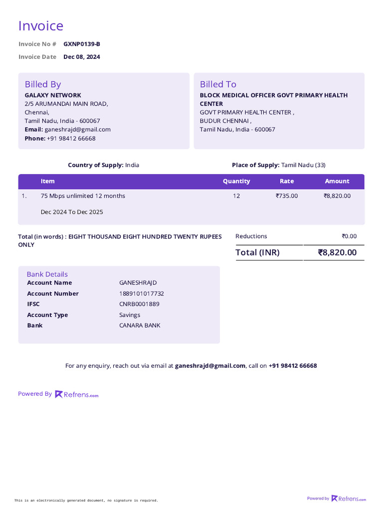 Invoice gxnp0139 B Galaxy Network Block Medical Officer Govt Primary Health Center | PDF
