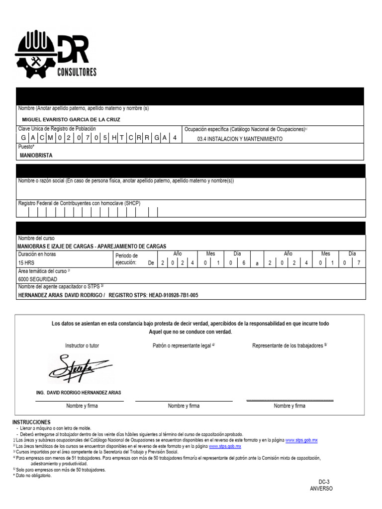 Formato Dc-3 Maniobrista Eleazar Mrna Ramirez | PDF
